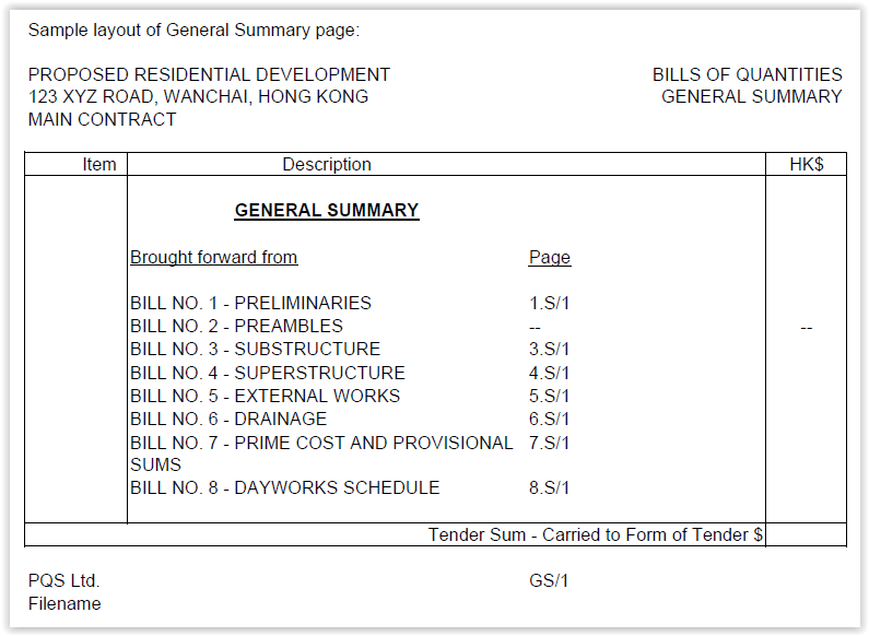 Formats Of Bills Of Quantities 